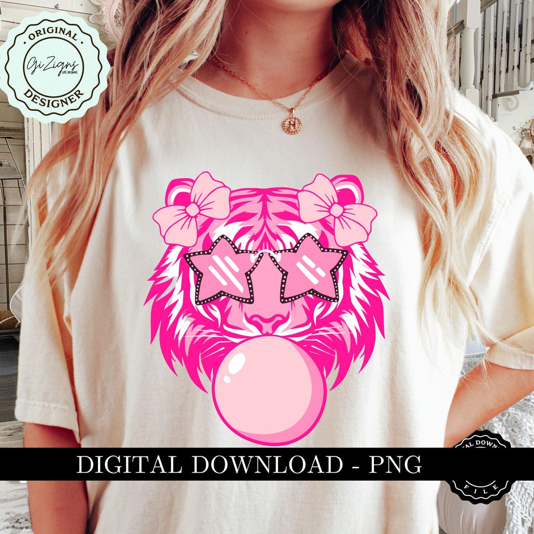 Girly Pink Tiger Blowing Bubble PNG, Coquette Bow Tiger Face PNG, Tiger ...