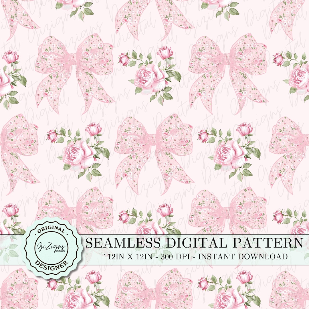 Vintage Floral Pink Bow Coquette Seamless Pattern PNG, Pink Girly ...