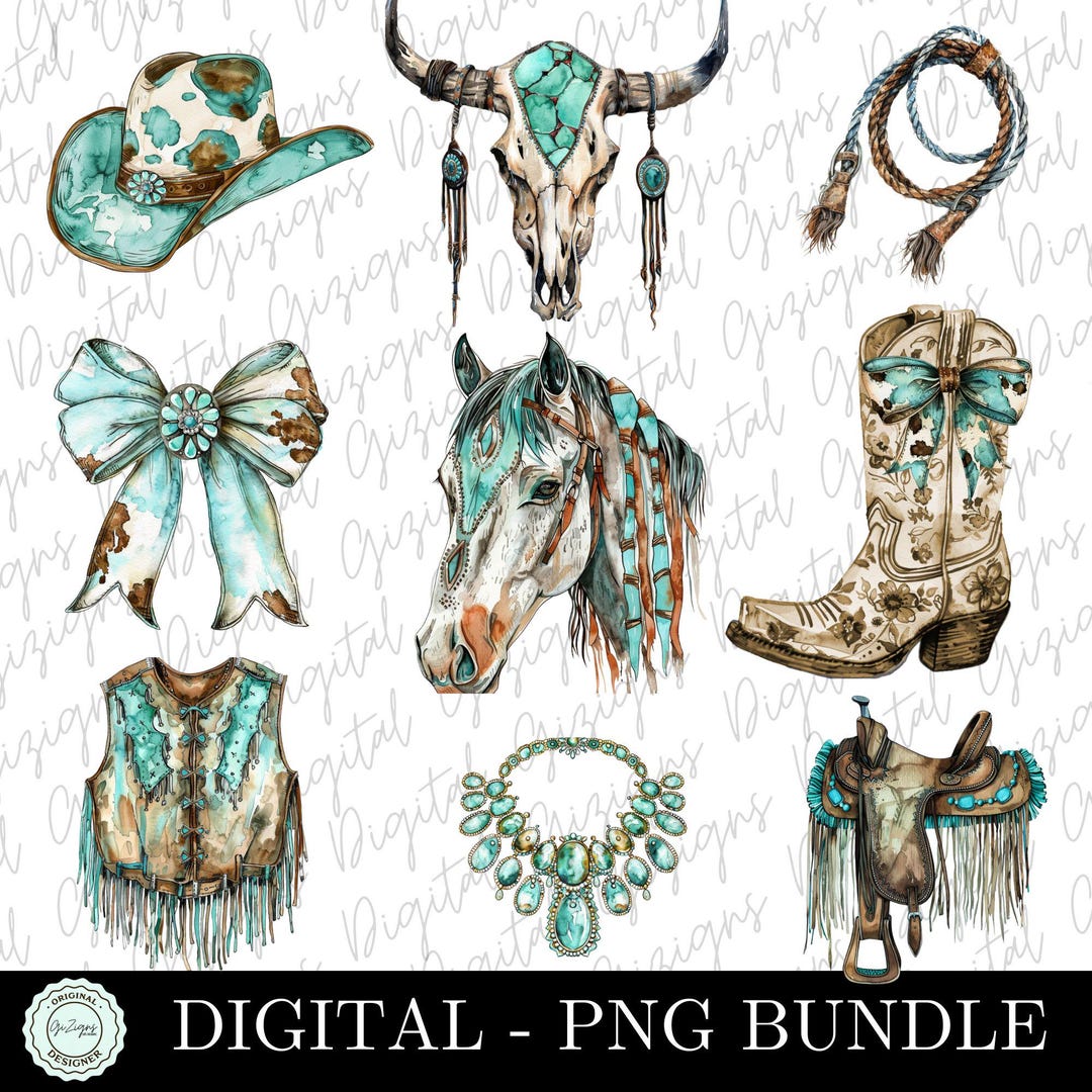 Turquoise Coastal Cowgirl PNG Clipart Bundle, Western Coquette Bow Png ...