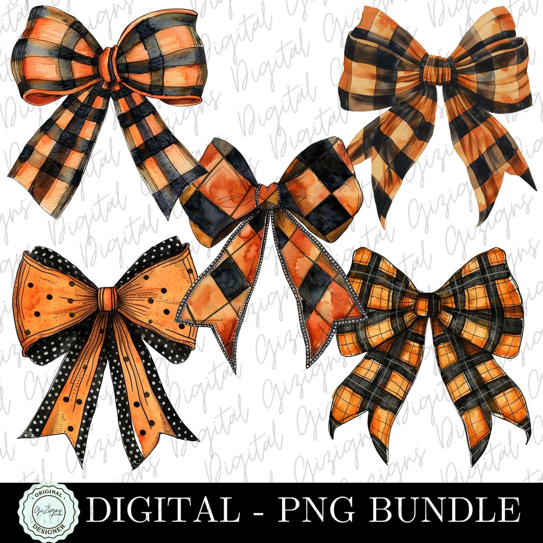 Halloween Black Orange Bow PNG Clipart Bundle, Halloween Bows Coquette ...