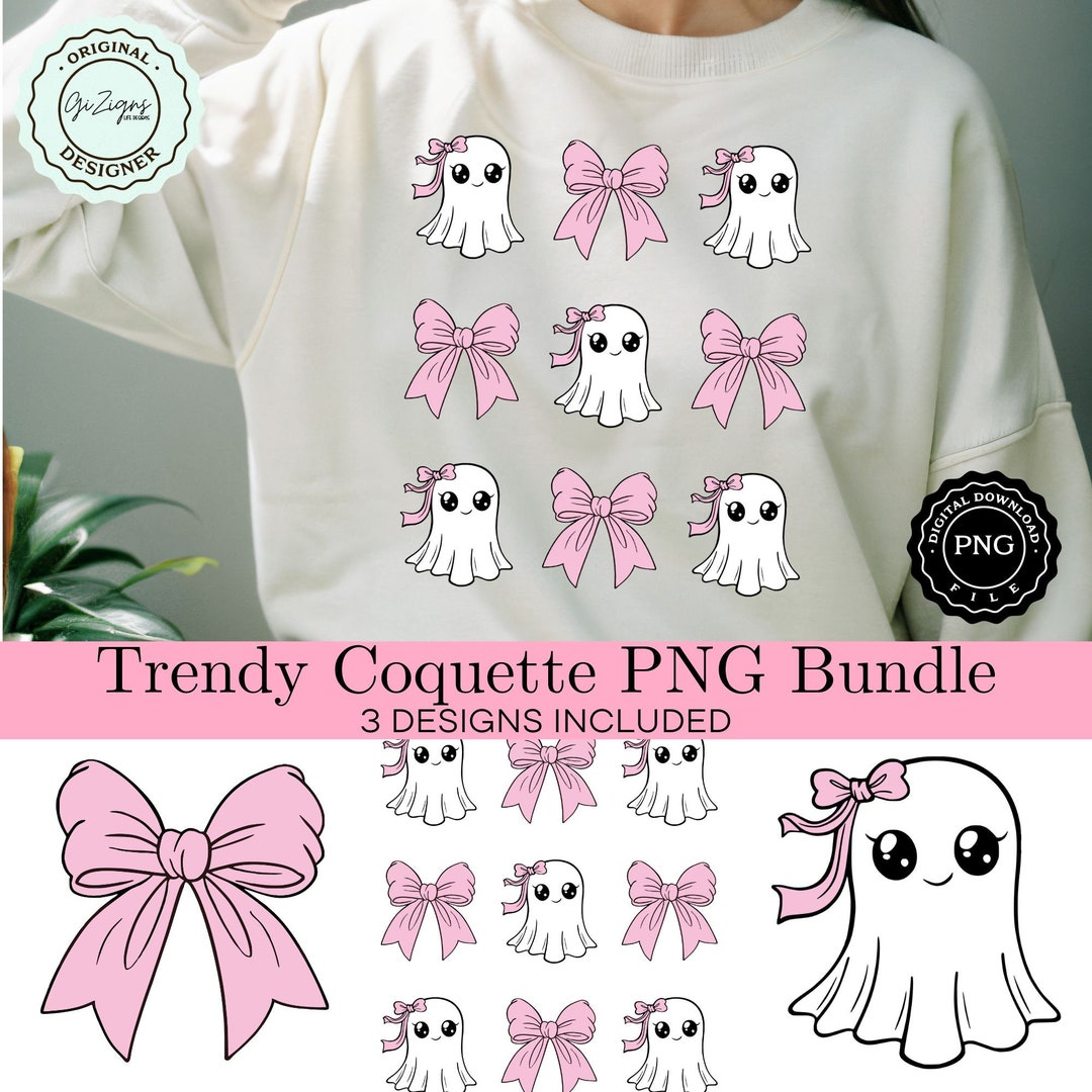 Cute Coquette Pink Bow Halloween Ghost Clipart PNG Bundle, Retro Pastel ...