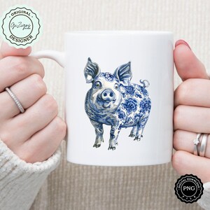 Blue and White Floral Pig PNG, Coquette Blue Chinoiserie Floral Farm ...