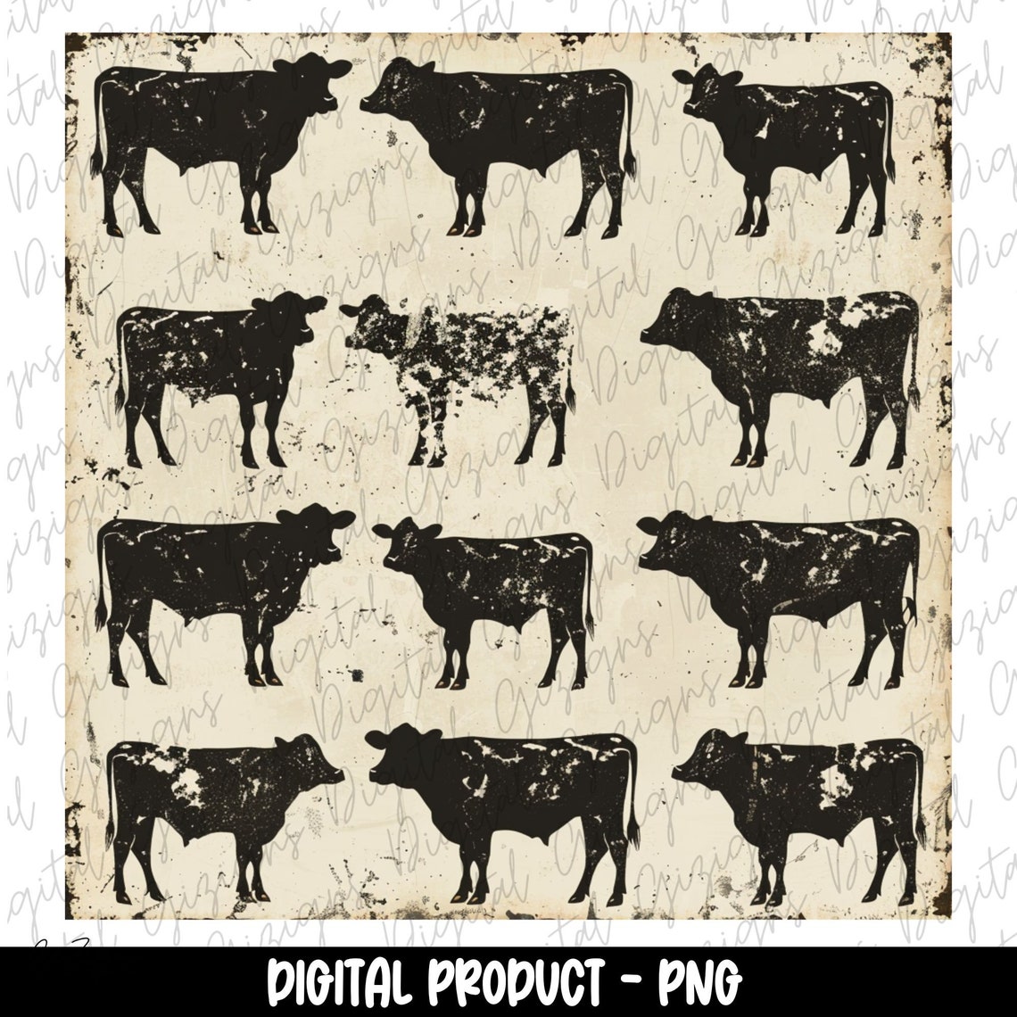 Distressed Vintage Farm Cow Clipart PNG Graphic Design, Cows Clip Art ...