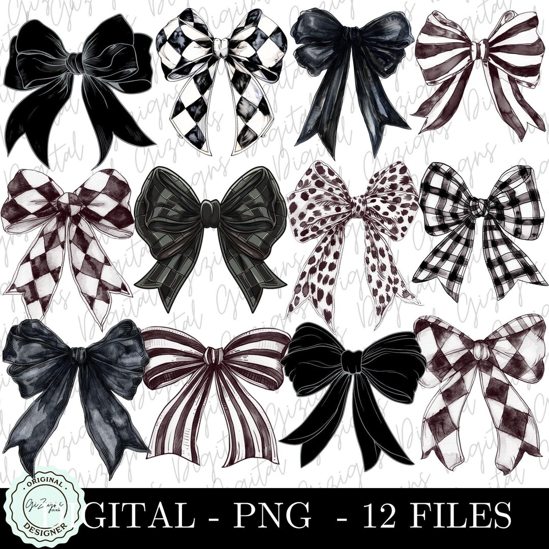 Black Bow PNG Clipart Bundle, Dark Coquette Bow PNG, Striped Bows ...