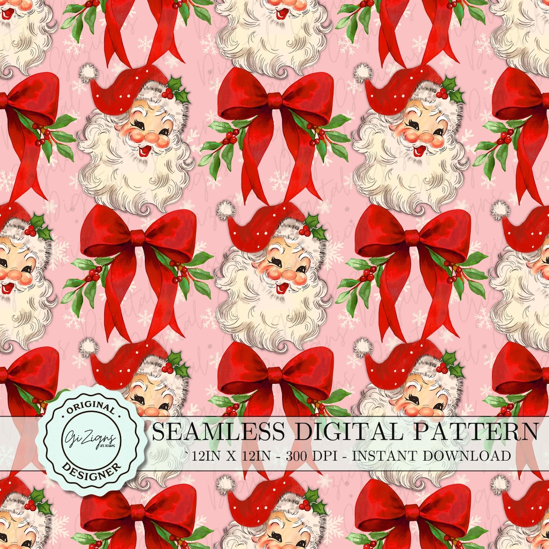 Pink Vintage Christmas Santa Digital Paper, Red Santa Claus Seamless ...