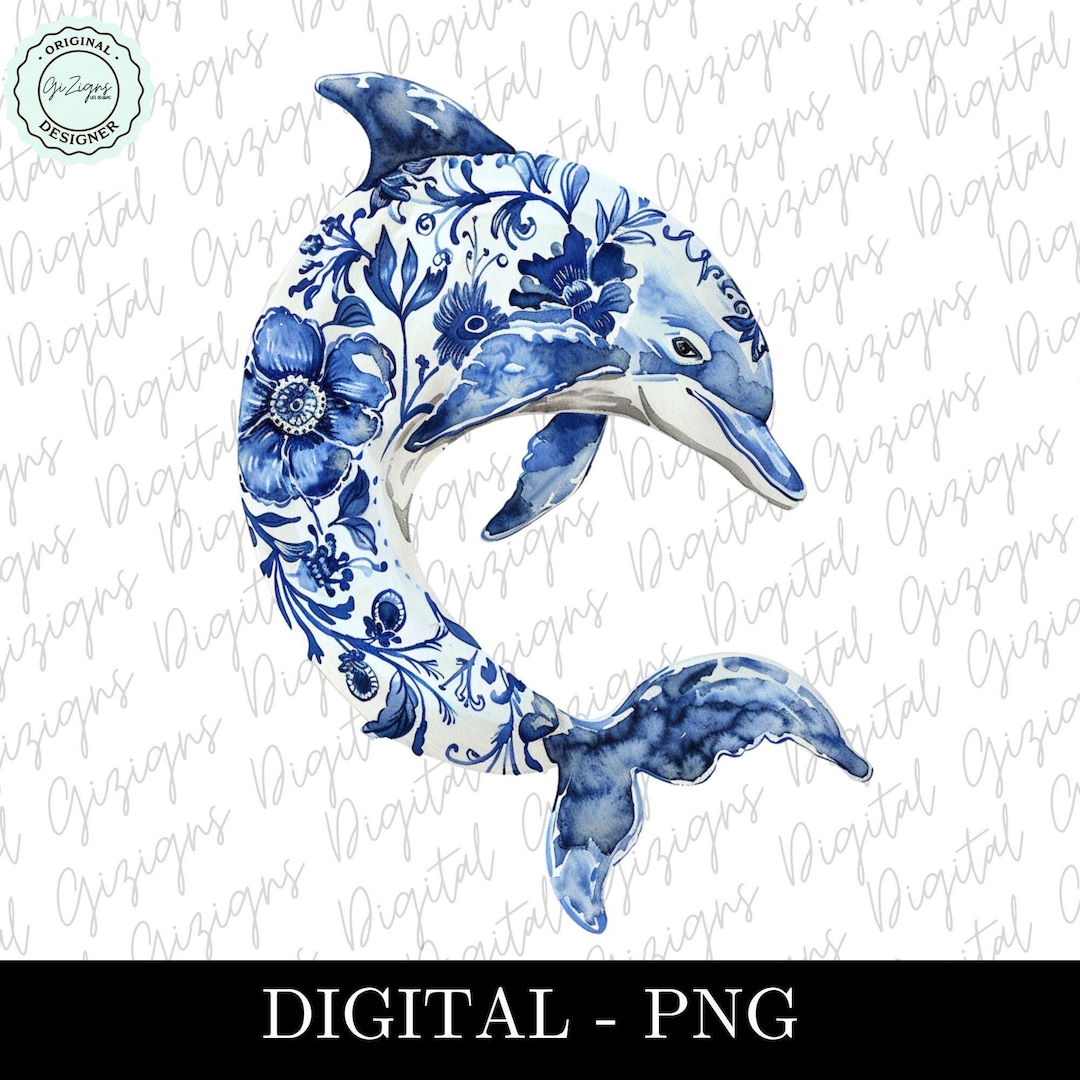 Blue and White Dolphin PNG, Blue Chinoiserie Floral Dolphin Clipart ...