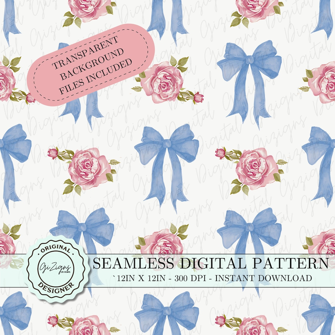 Dusty Blue Coquette Bow Seamless Pattern PNG, Vintage Floral Blue Bow ...