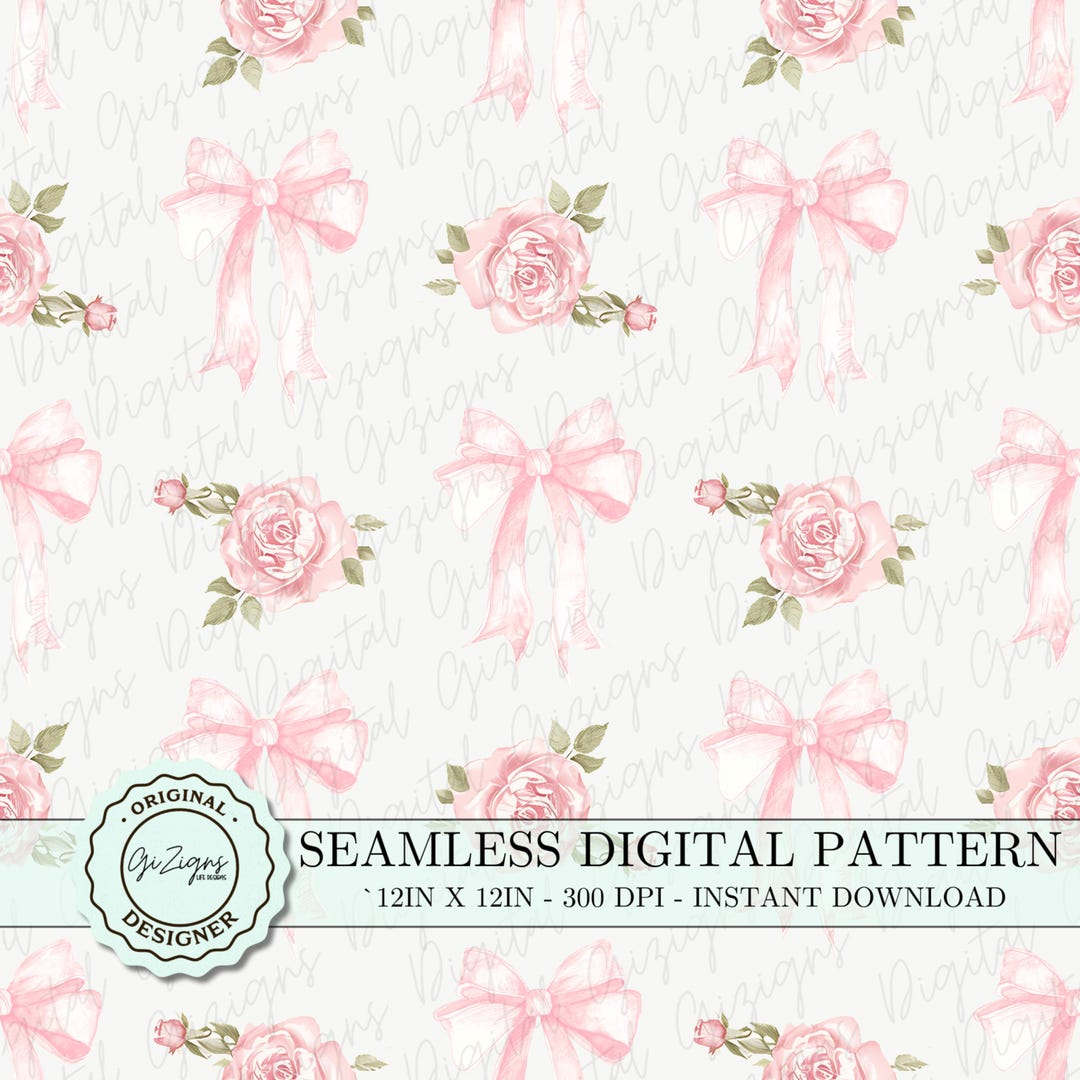 Pink Coquette Bow Seamless Pattern PNG, Vintage Floral Baby Pink Bow ...