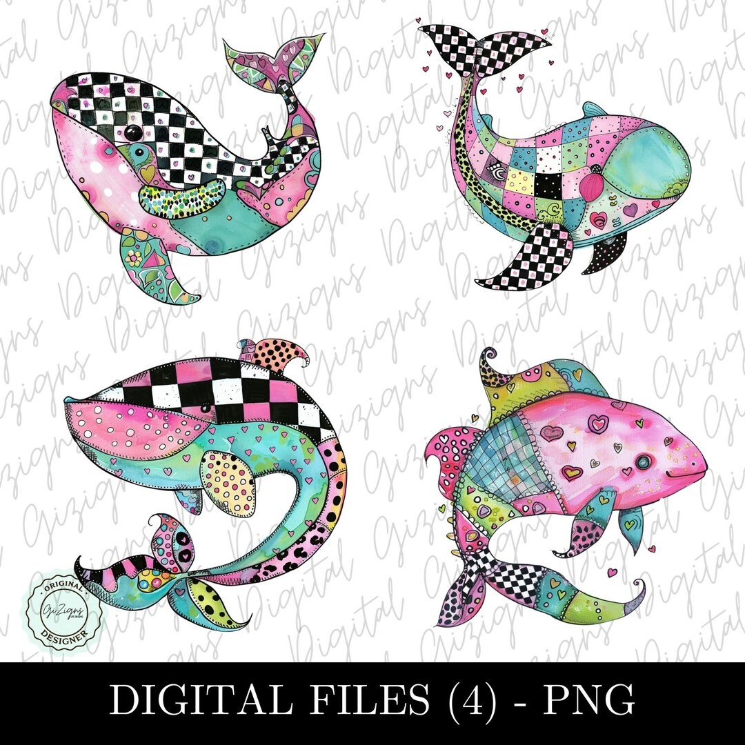 Cute Whimsical Whale PNG Clipart Bundle Sublimination Design, Digital ...