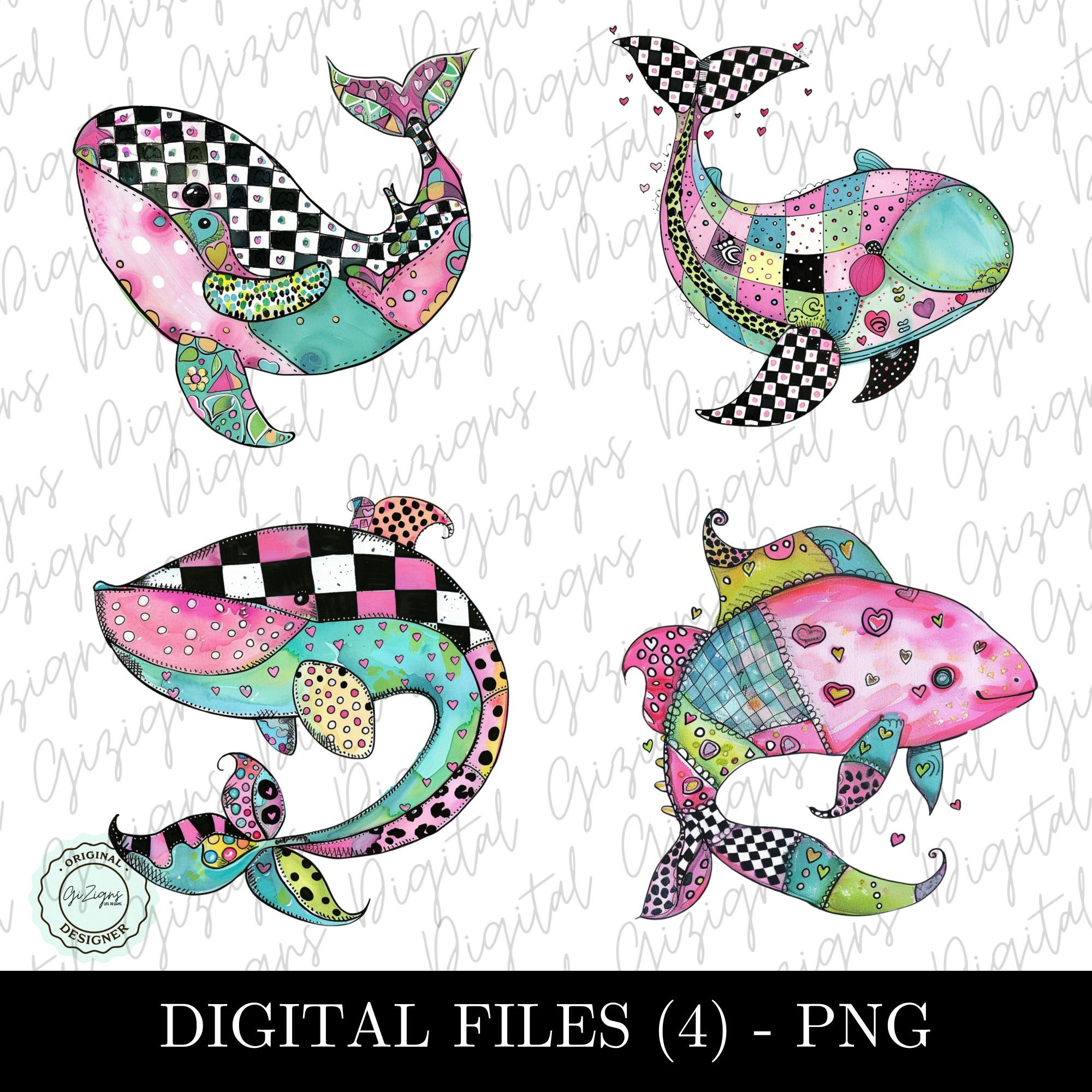 Cute Whimsical Whale PNG Clipart Bundle Sublimination Design, Digital ...