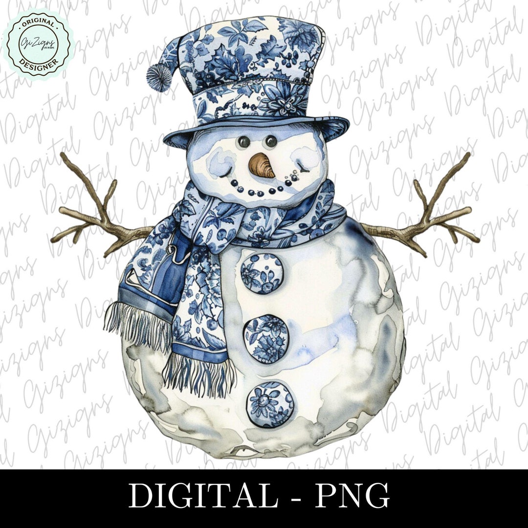Blue and White Snowman PNG, Blue Chinoiserie Christmas Clipart, Blue ...