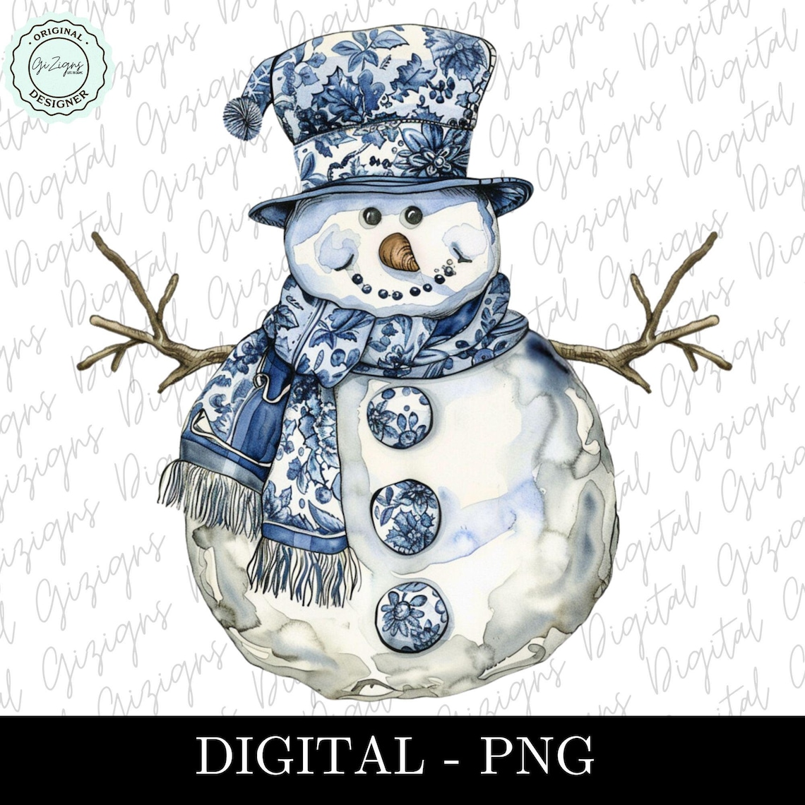Blue and White Snowman PNG, Blue Chinoiserie Christmas Clipart, Blue ...