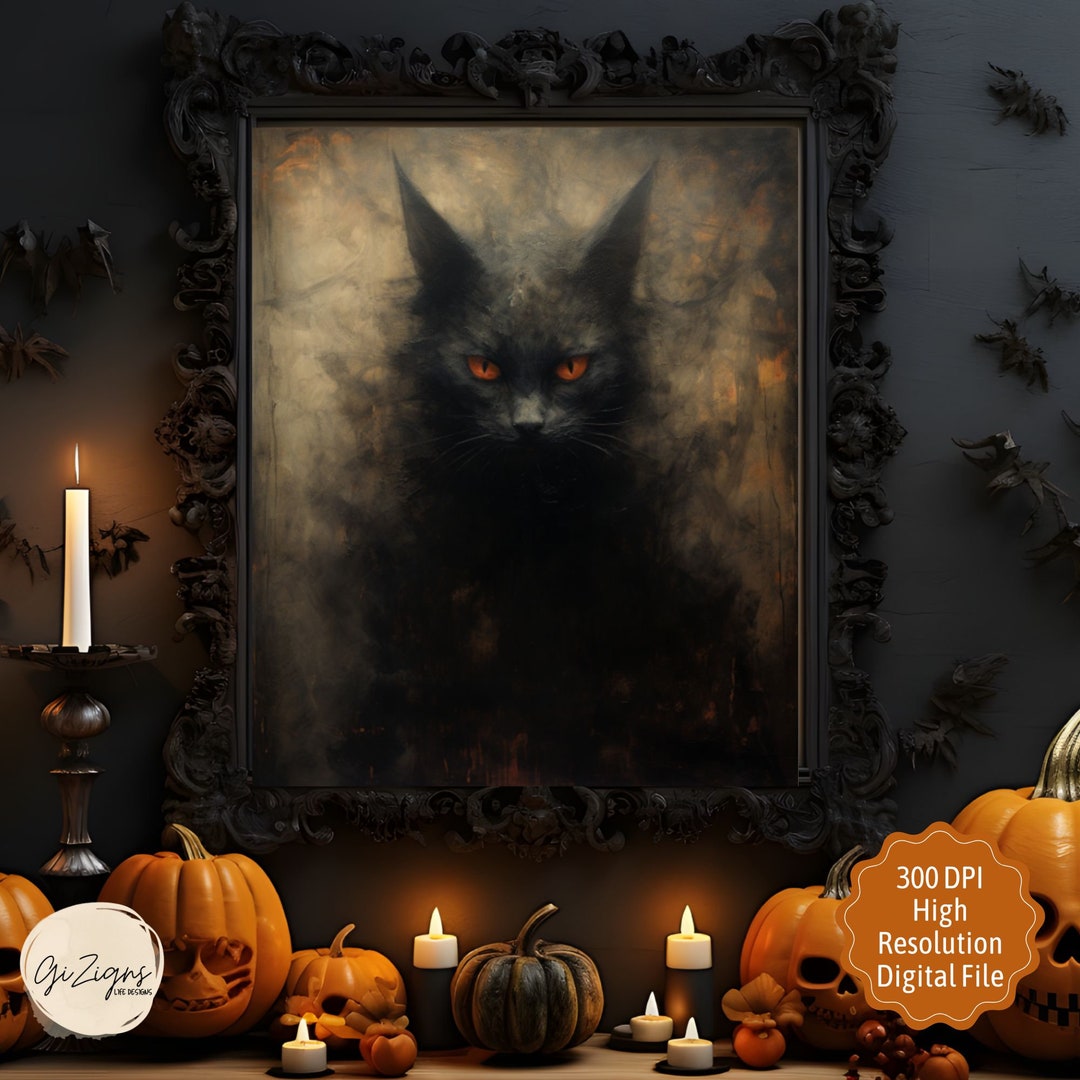 Scary Black Cat Halloween Wall Decor, Creepy Halloween Poster, Digital ...