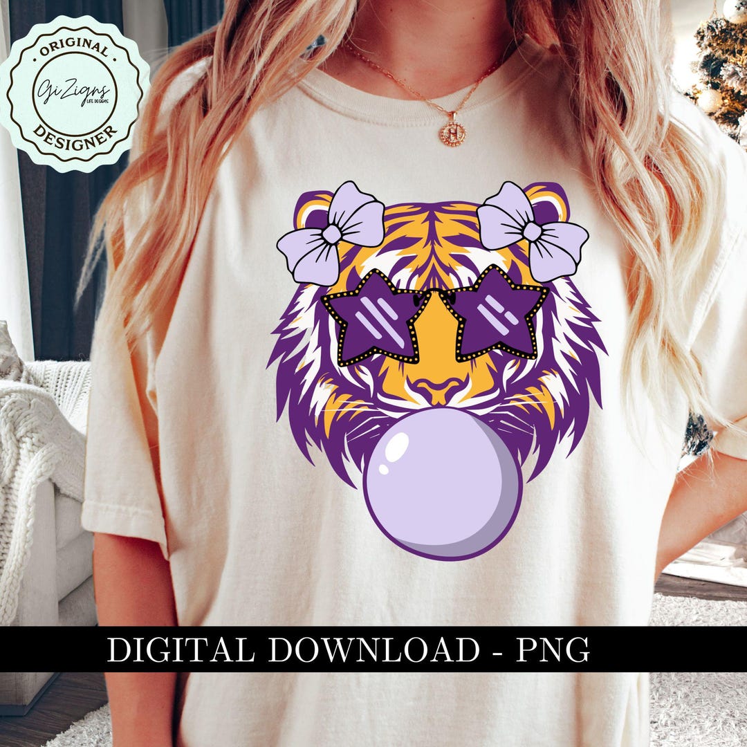 Gold and Purple Tiger Blowing Bubble PNG, Coquette Bow Tiger Face PNG ...