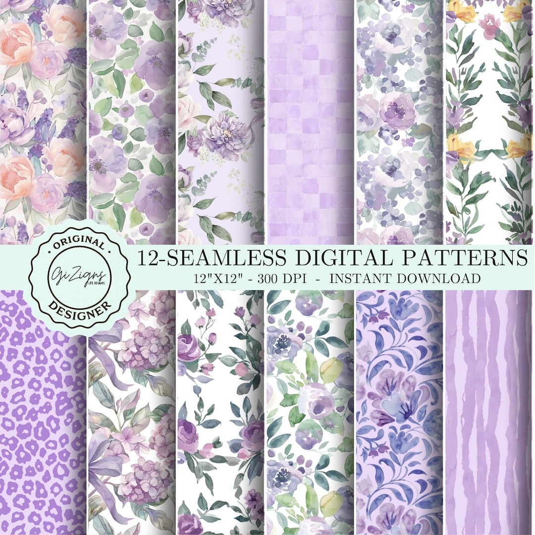 Floral Purple Seamless Patterns, Vintage Designer Watercolor Floral ...