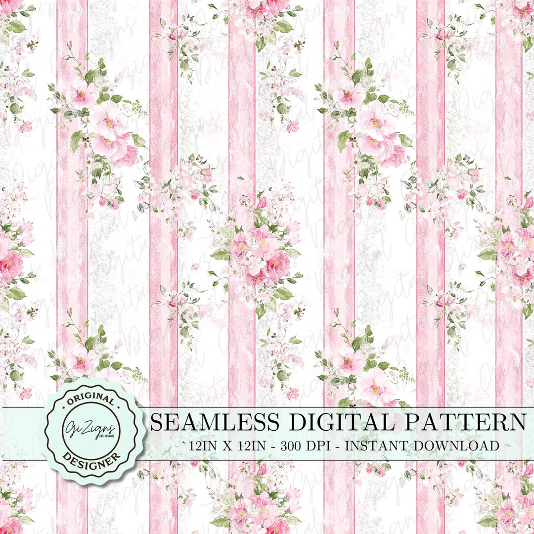 Vintage Love Floral Rose Pink Stripe Seamless Pattern PNG, Baby Pink ...