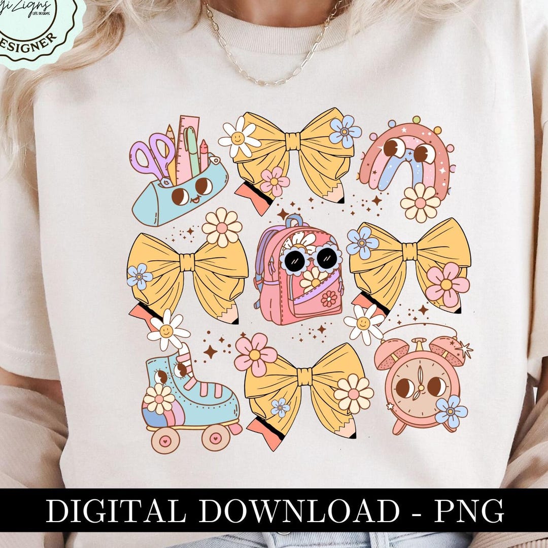 Retro Cute Back to School Coquette PNG Clipart Pencil Bow Roller Skate ...