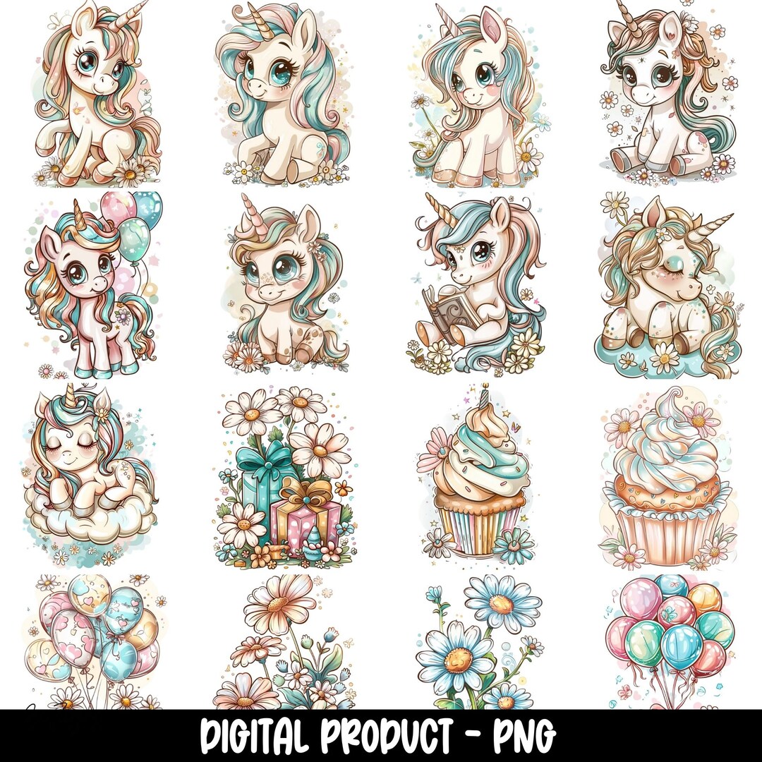 Cute Watercolor Unicorn Clipart PNG Bundle, Unicorn Birthday Party Clip ...