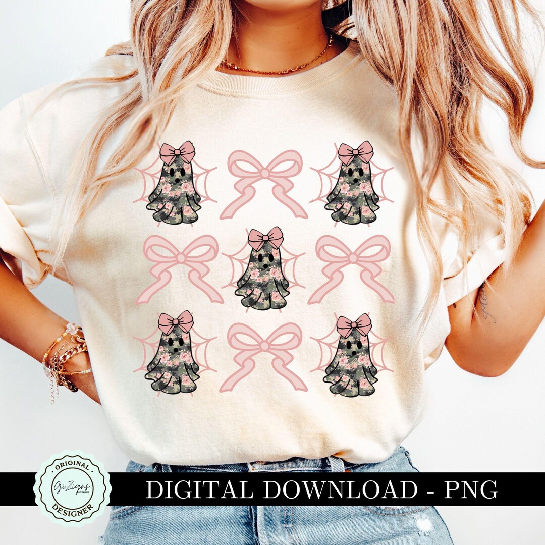 Cute Coquette Pink Bow Camo Floral Ghosts Png, Halloween Coquette ...