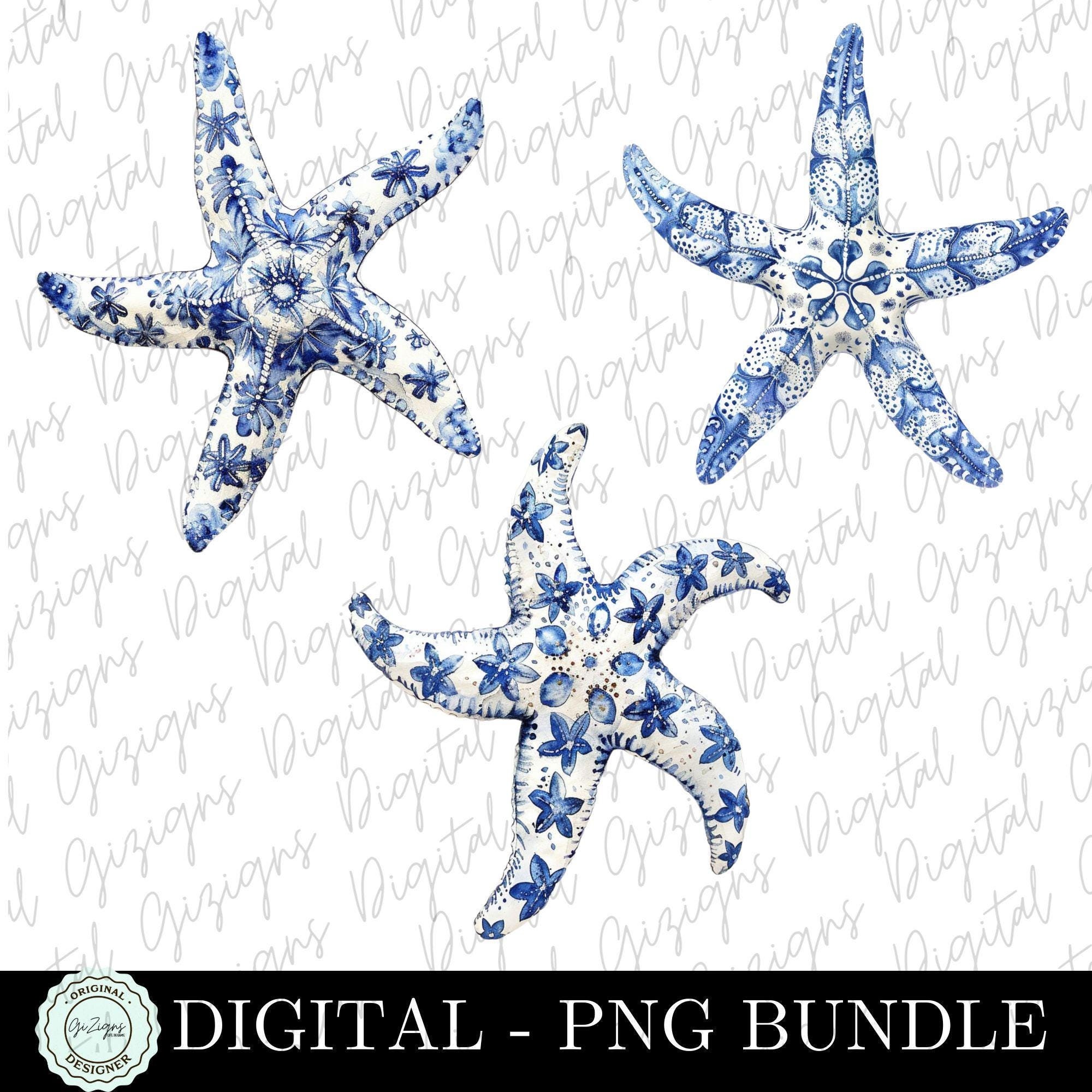 Blue and White Starfish PNG, Blue Chinoiserie Floral Starfish Clipart ...