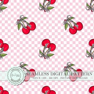 Trendy Cherry Seamless Pattern PNG SVG, Cherries Coquette Bow ...