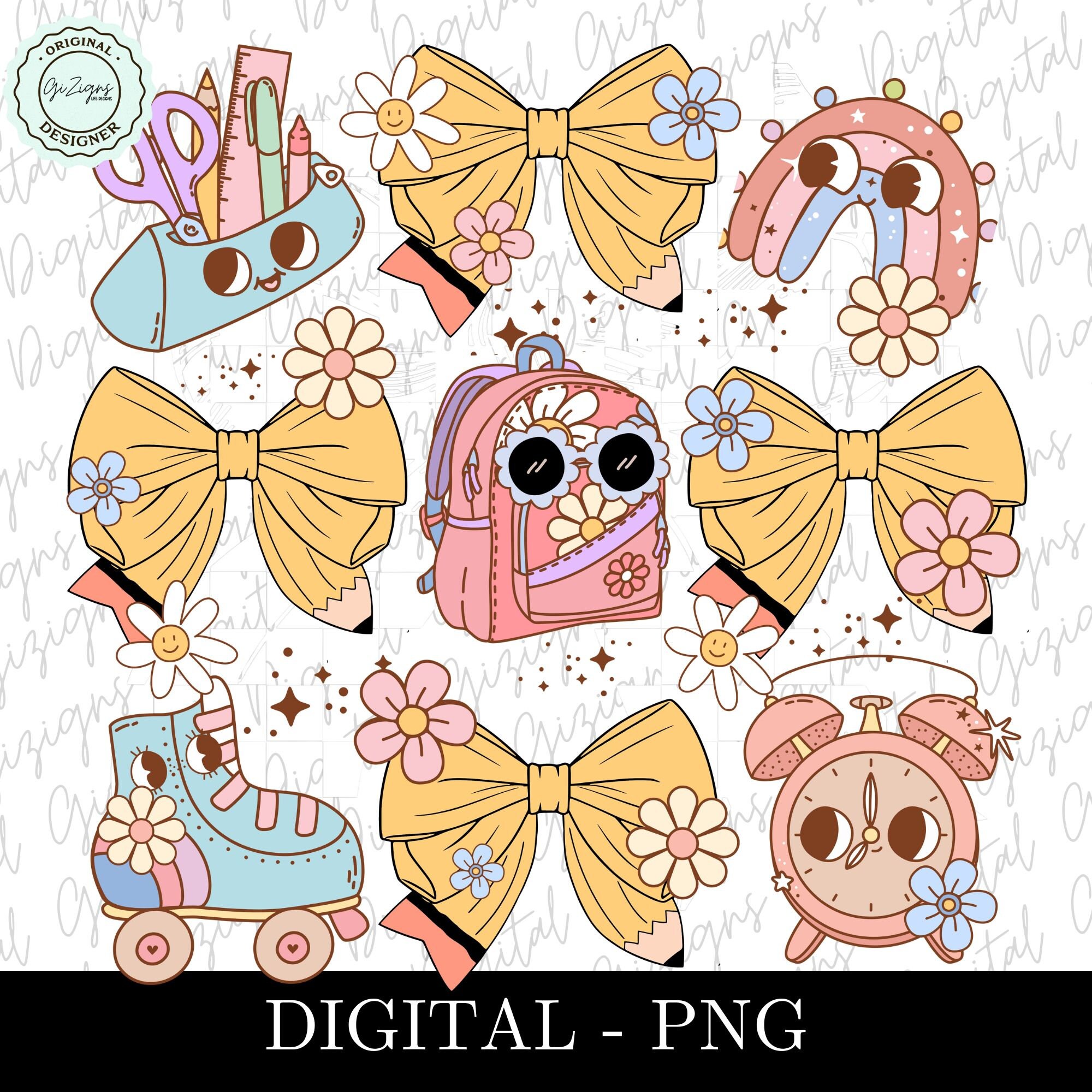 Retro Cute Back to School Coquette PNG Clipart Pencil Bow Roller Skate ...