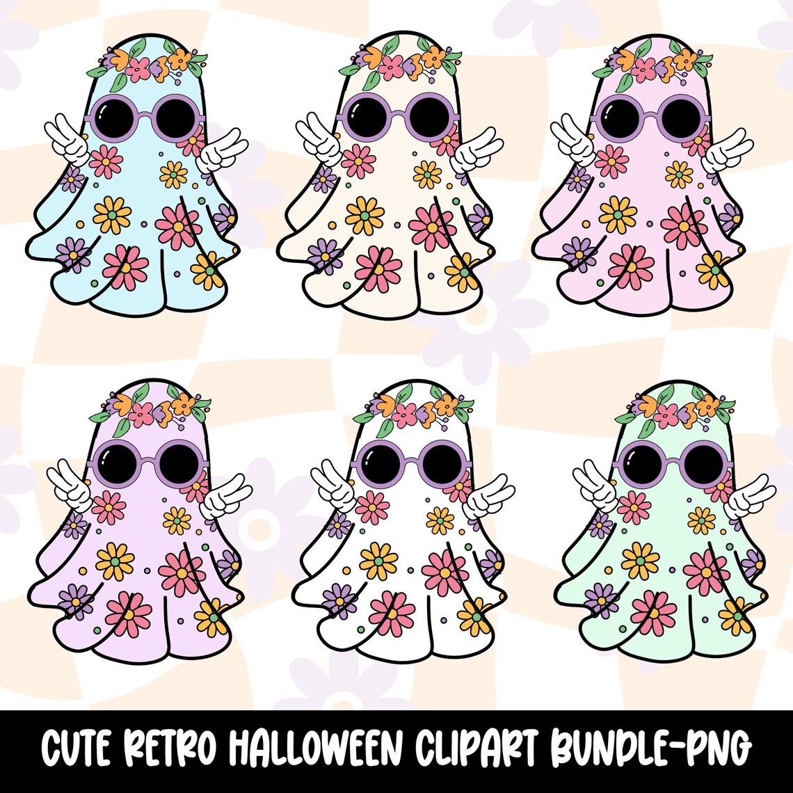Groovy Retro Ghost Clipart, Hippie Ghost Png, Flowers, Digital ...