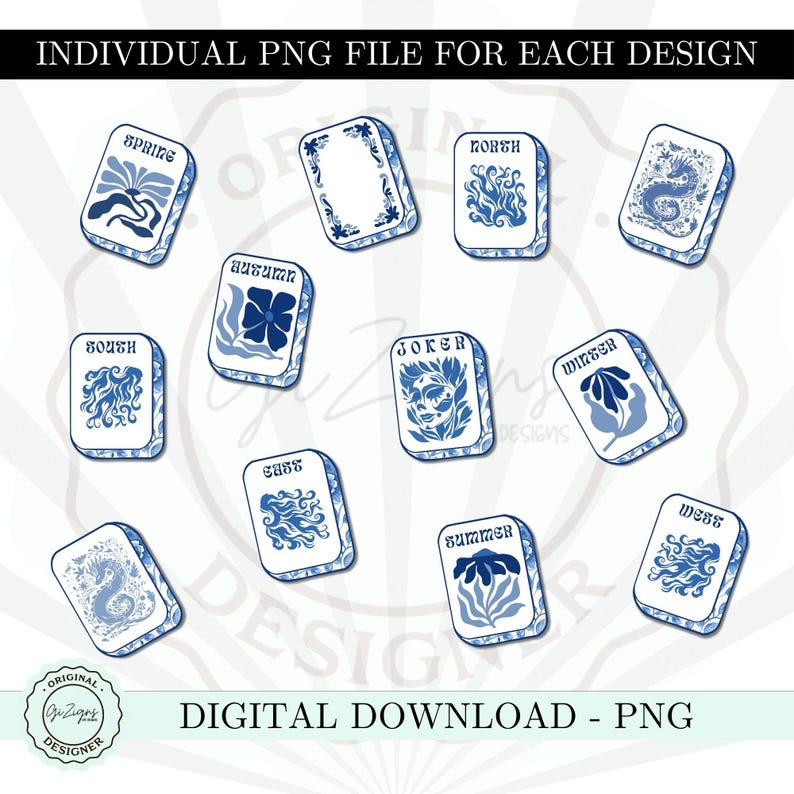 Blue Toile Mahjong Tile Set PNG Clipart, Chinoiserie Mahjong Digital ...