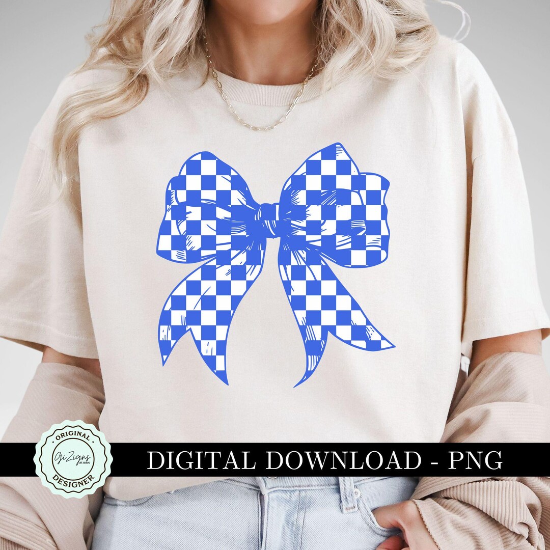 Trendy Checkered School Color Coquette White and Royal Blue Bow PNG ...