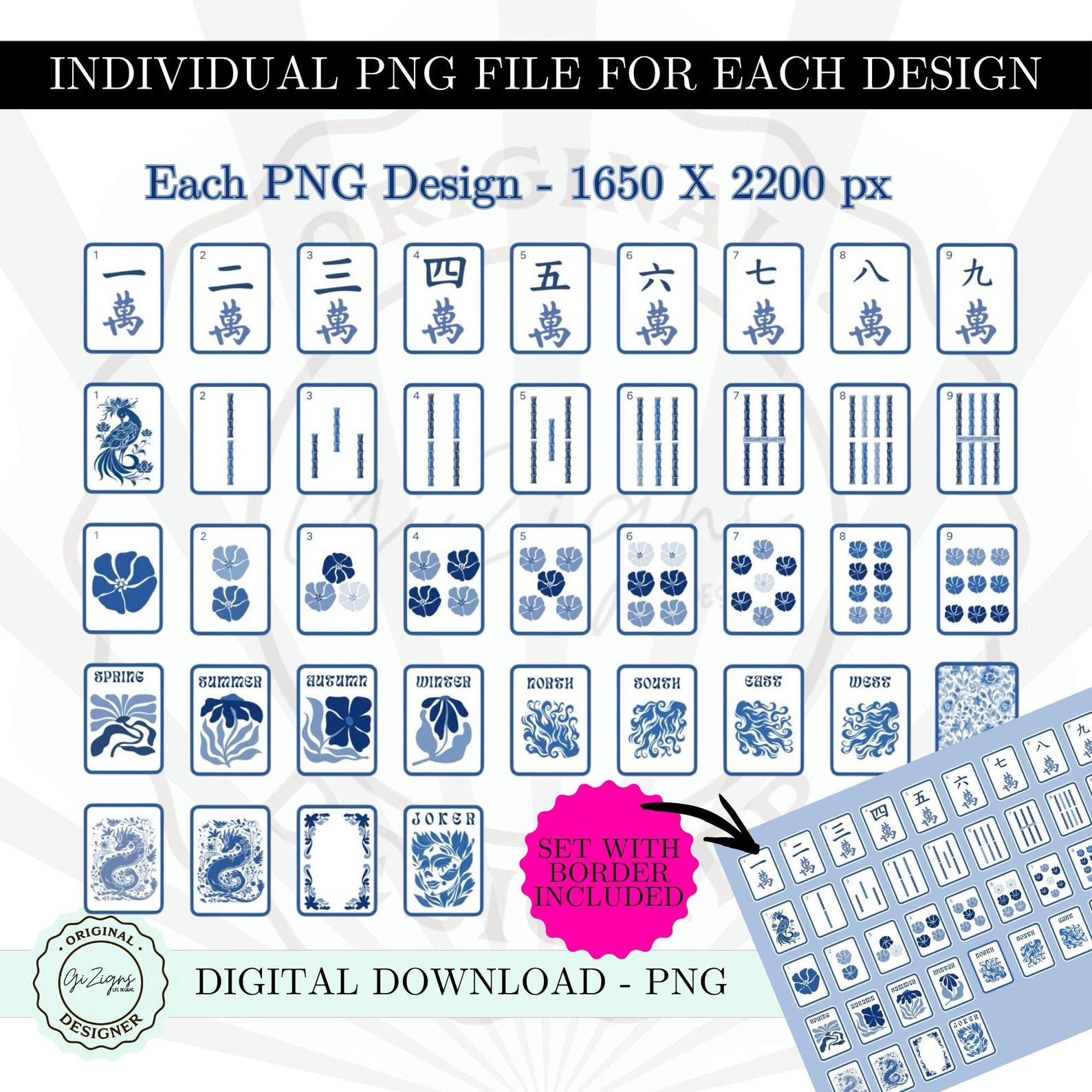 Mahjong Printable PNG, Blue Toile Chinoiserie Mahjong Tile Clipart ...
