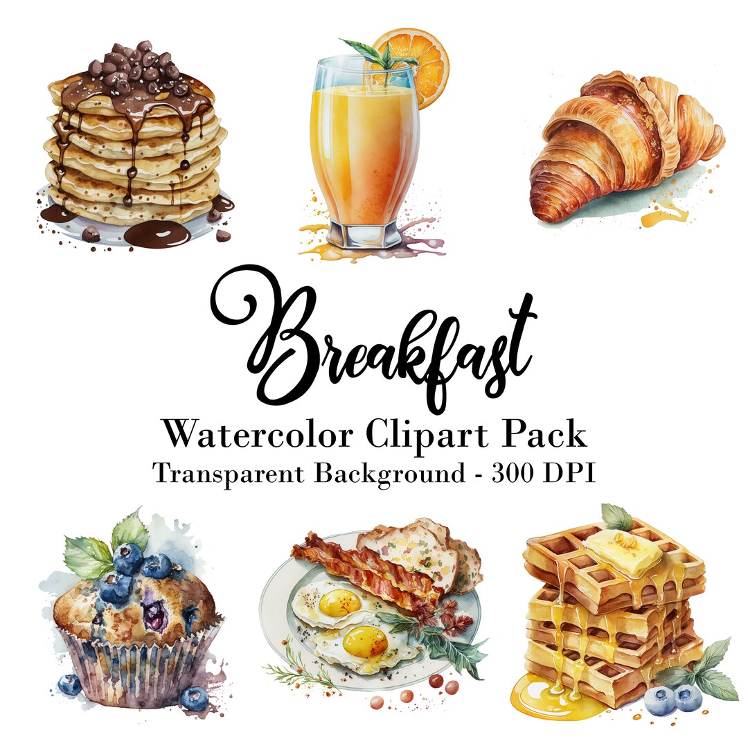 Breakfast Watercolor Clipart Chocolate Chip Pancakes and - Etsy