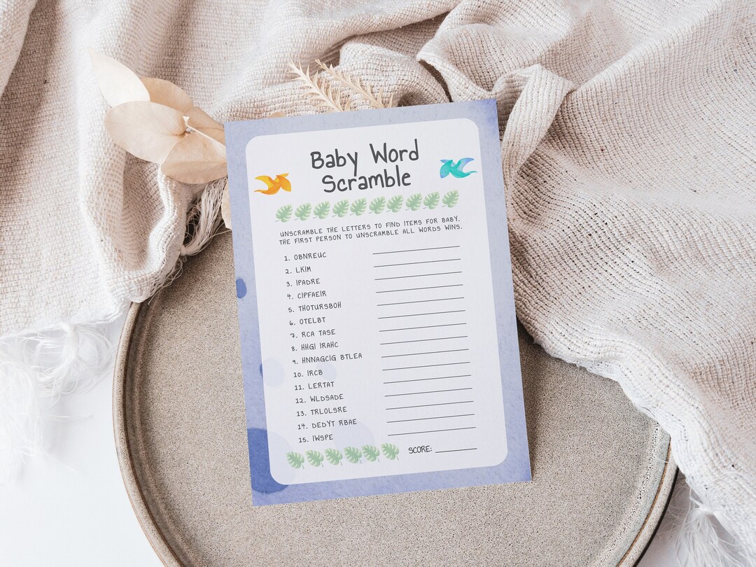 Baby Word Scramble, Baby Shower Game, Dino, Dinosaur, Boy, Girl ...