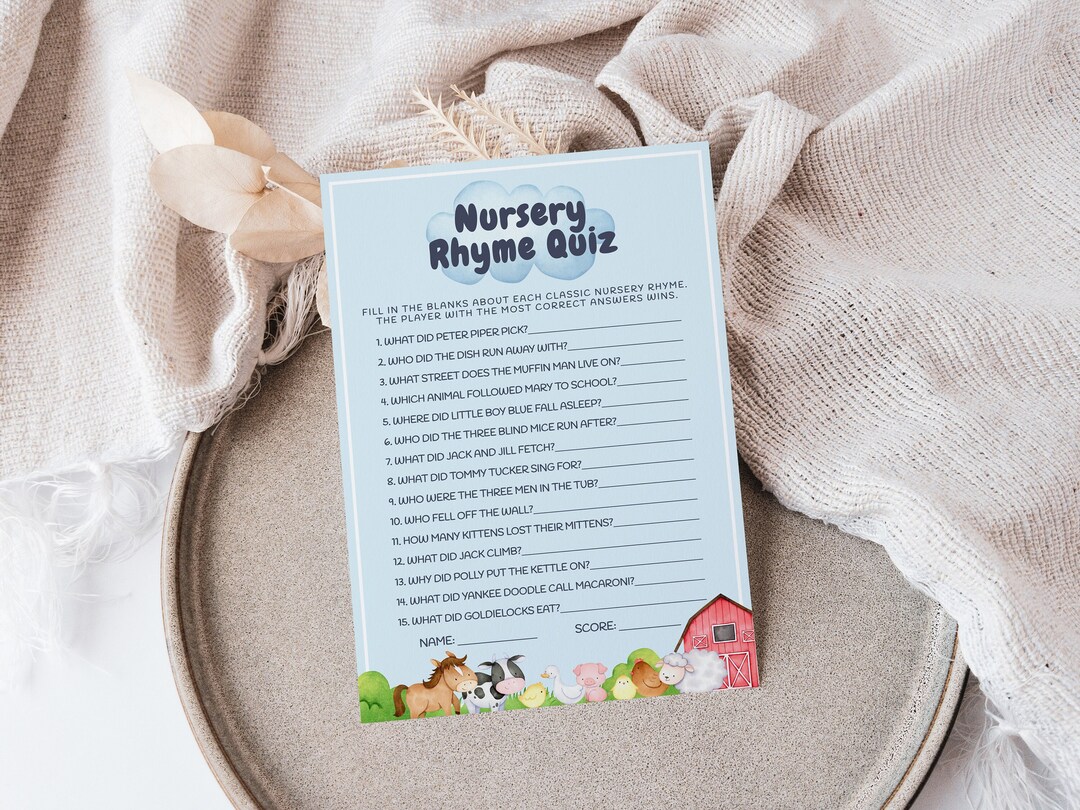 Nursery Rhyme Quiz, Baby Shower Game, Farm, Farm Animal, Boy, Girl ...