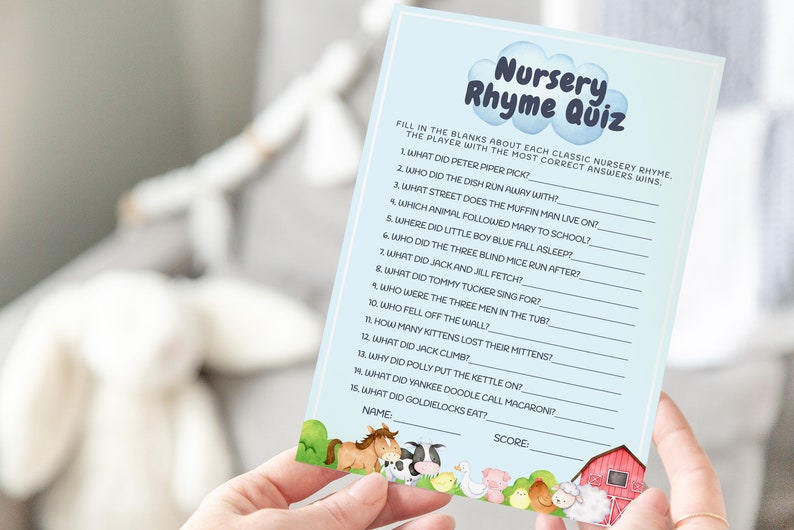 Nursery Rhyme Quiz, Baby Shower Game, Farm, Farm Animal, Boy, Girl ...