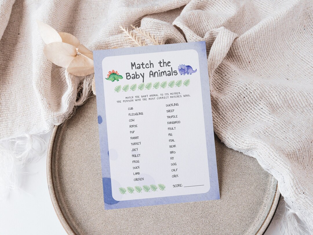 Match the Baby Animals, Baby Shower Game, Dino, Dinosaur, Boy, Girl ...