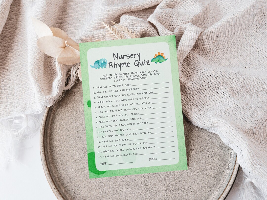 Nursery Rhyme Quiz, Baby Shower Game, Dino, Dinosaur, Boy, Girl ...