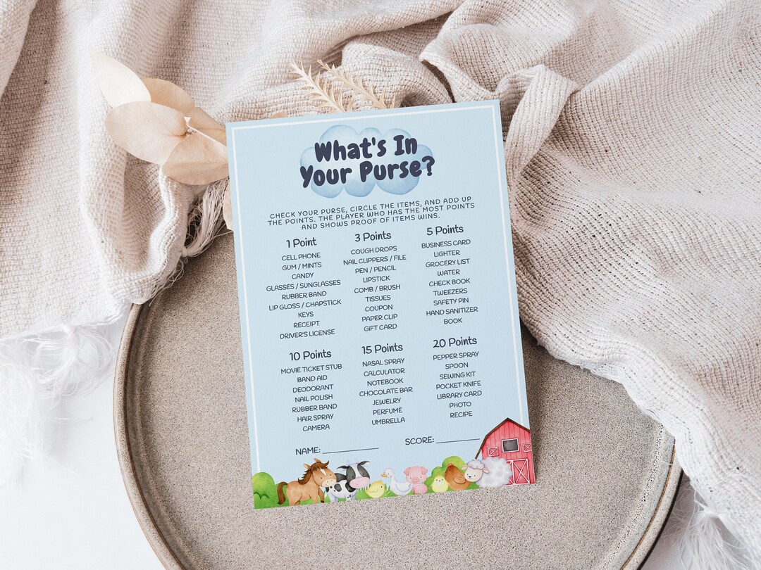 What's in Your Purse?, Baby Shower Game, Farm, Farm Animal, Boy, Girl ...