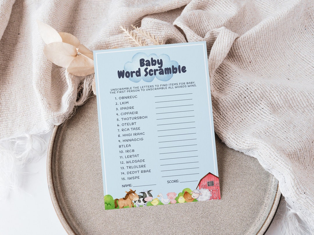 Baby Word Scramble, Baby Shower Game, Farm, Farm Animal, Boy, Girl ...