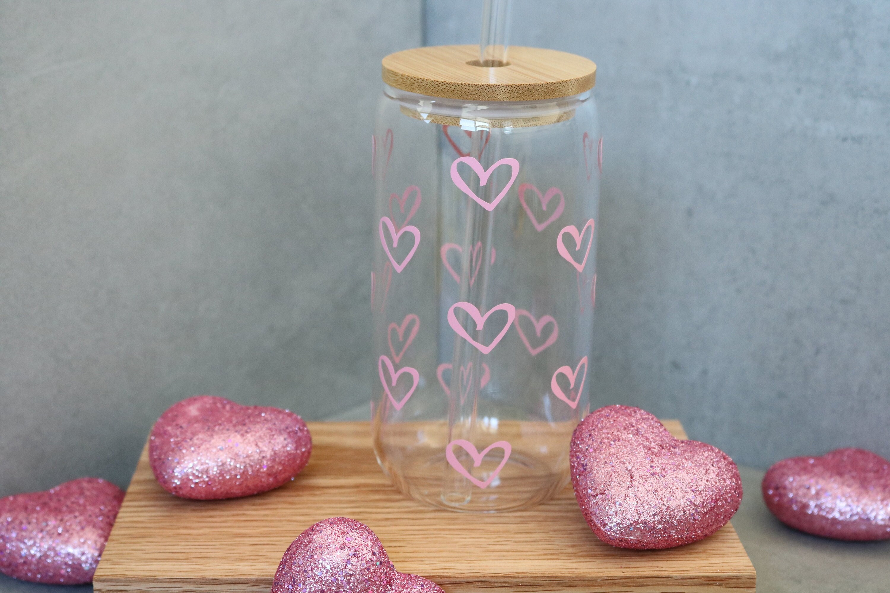 Pink Heart Glass Cup With Bamboo Lid & Straw - 16oz - Etsy