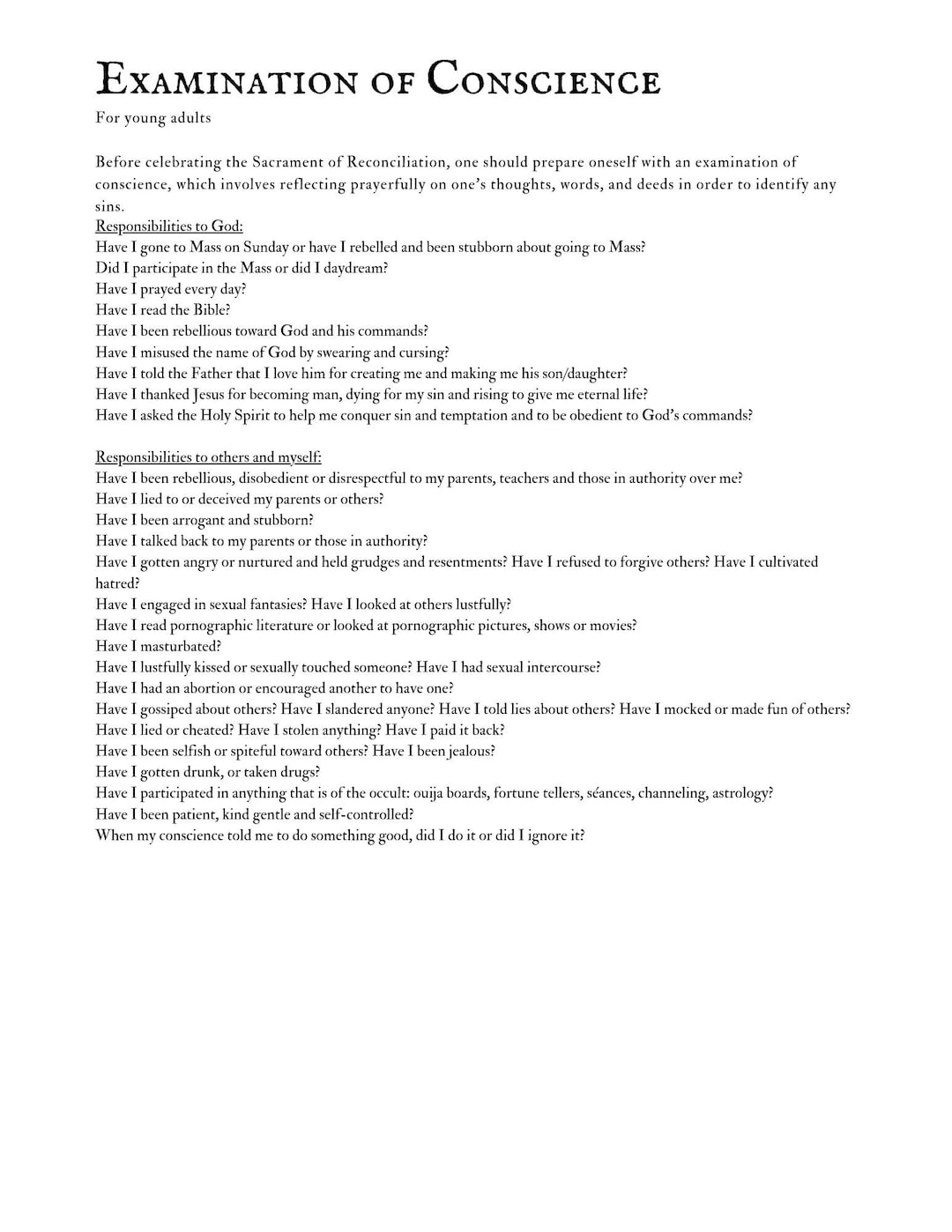 Examination of Conscience for Young Adults - Etsy