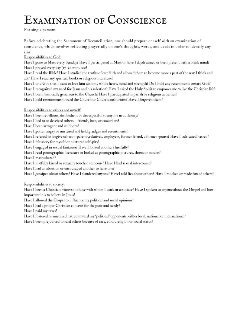 Examination of Conscience for Single Persons - Etsy