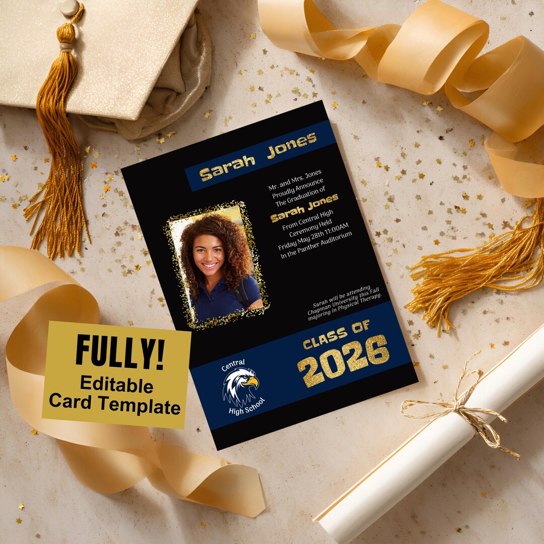 Fully Editable Gold Glitter Graduation Announcement Template, Photo ...