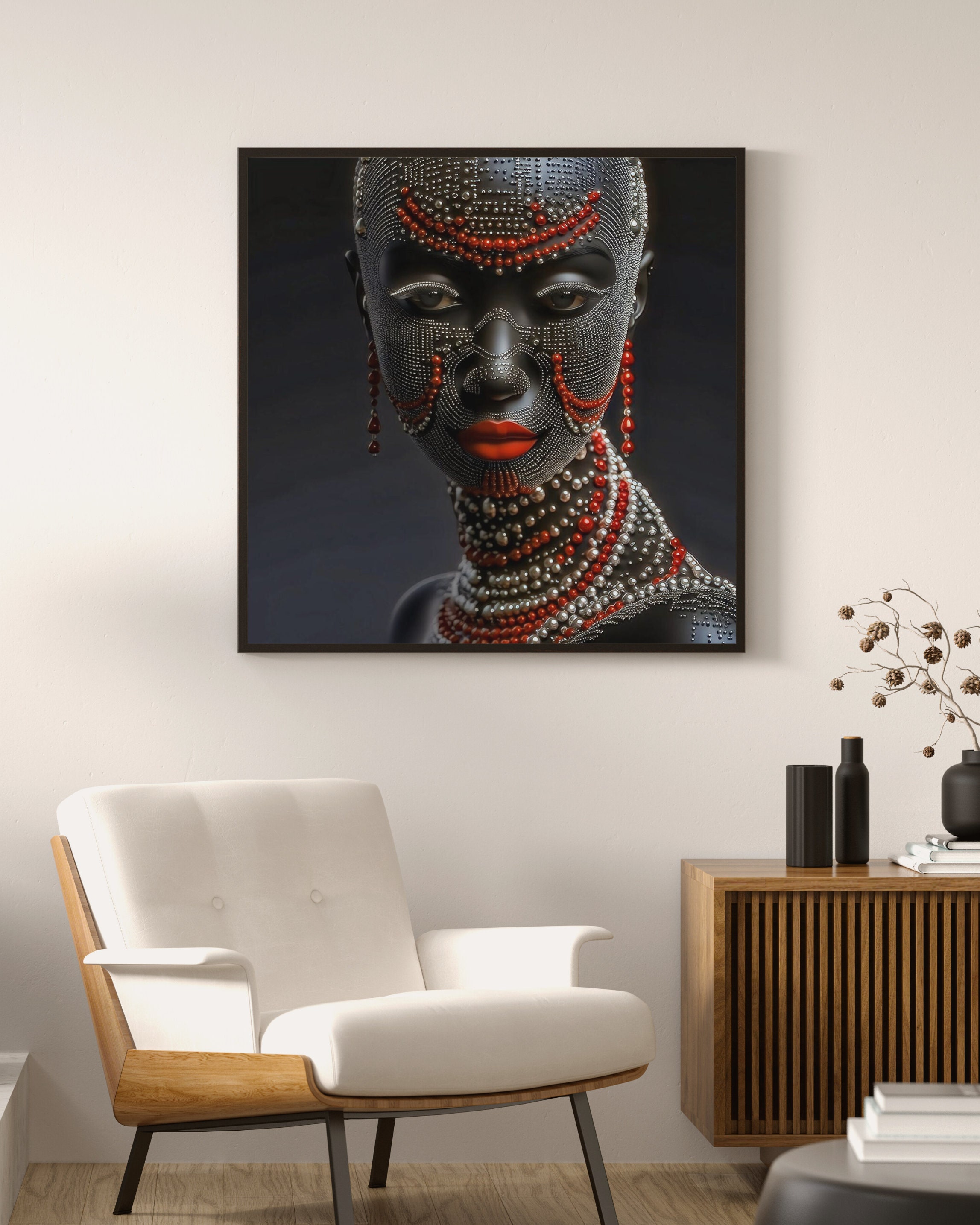 Stunning Black Women Portrait With Pearl Jewelry and Bold Red Lips ...