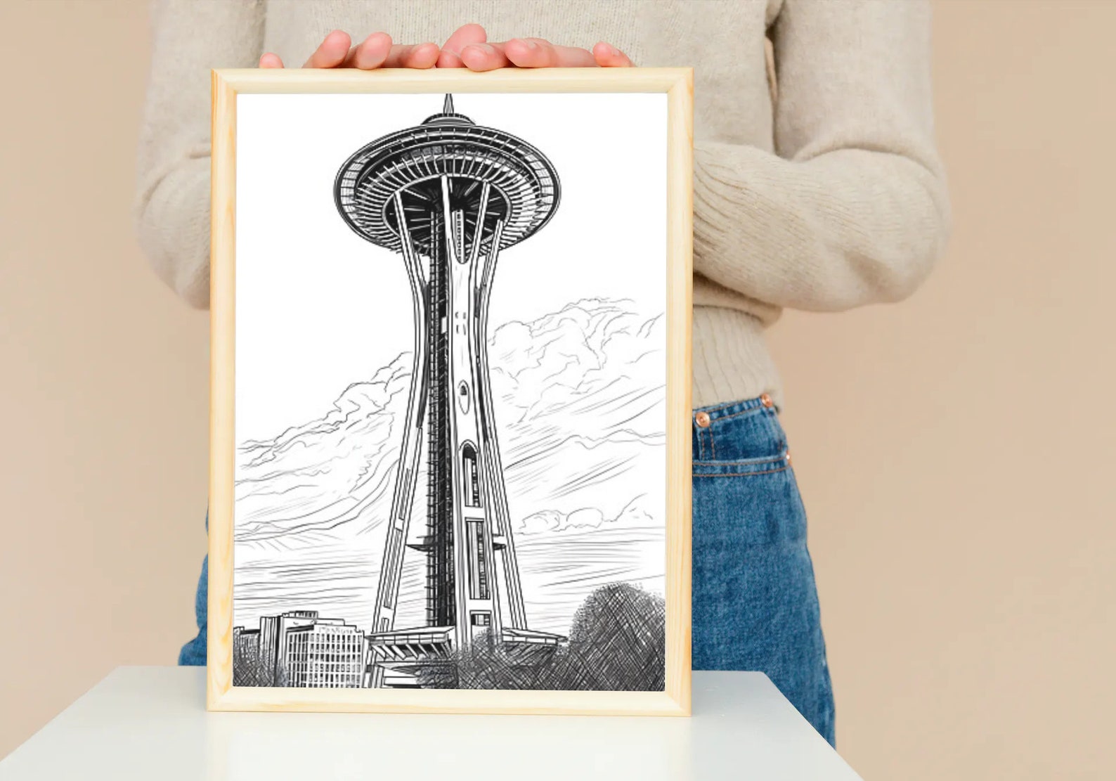 Iconic Space Needle Drawing | Canvas Print | Detailed Architecture Art ...