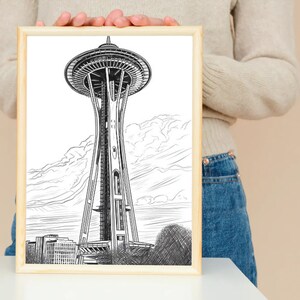Iconic Space Needle Drawing | Canvas Print | Detailed Architecture Art ...