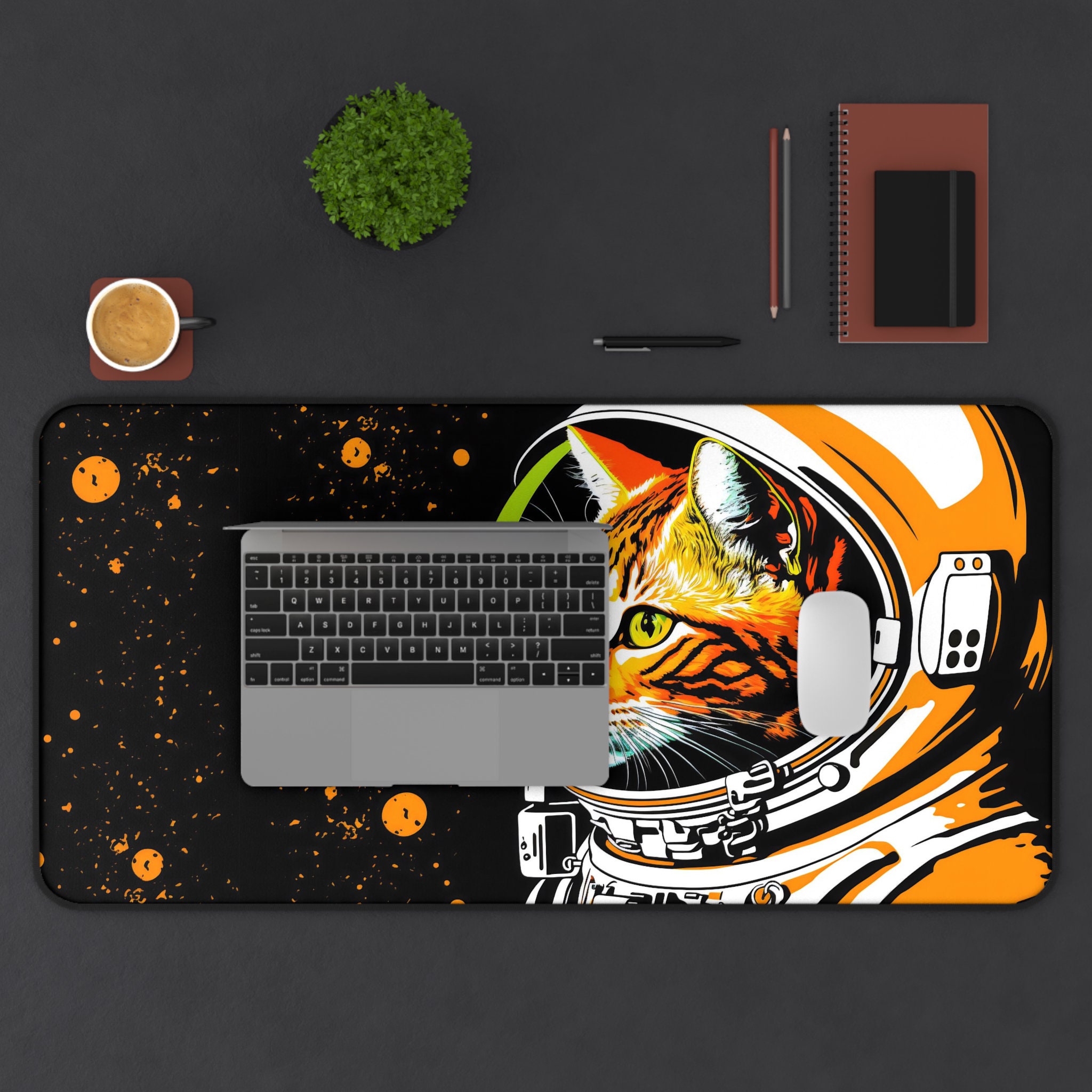 Space Cat Desk Mat Whimsical Feline Astronaut Design Durable Neoprene ...