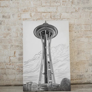 Iconic Space Needle Drawing | Canvas Print | Detailed Architecture Art ...