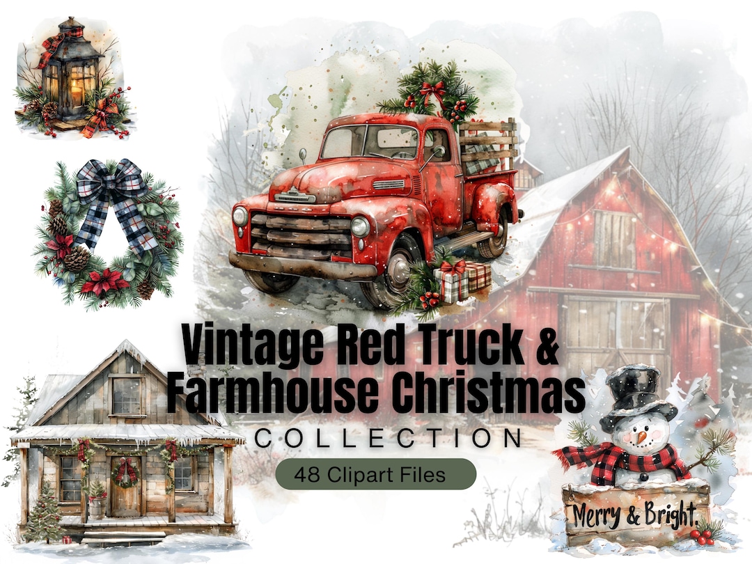 Vintage Red Truck Christmas Clipart Bundle Digital Farmhouse Christmas ...