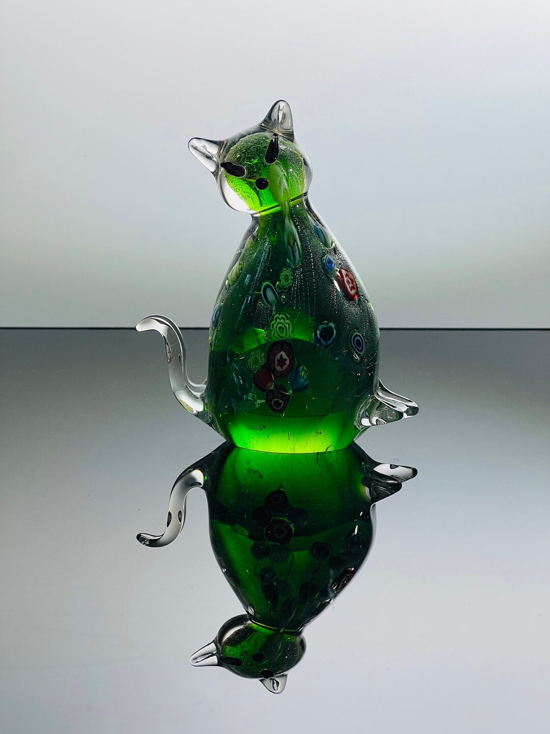 Blown Green Cat Glass Ornament With Colorful Floral Patterns, Cat ...