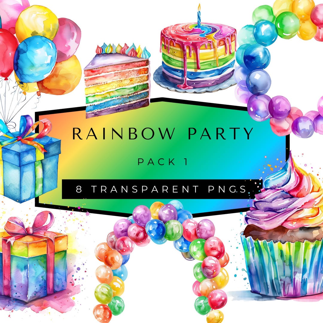 Whimsical Rainbow Birthday Clipart - Balloon & Cake Set, Celebrate ...